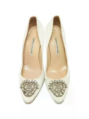 Manolo Blahnik Satin Crystal Embellished Pointed Toe Pumps