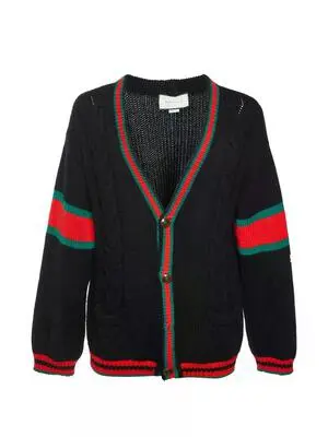 Gucci Wool Cable Knit V-neck Cardigan With Web Stripe
