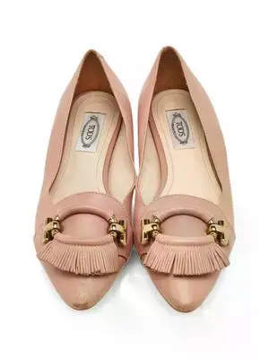 TOD'S Beige Leather Fringe Detail Pointed Toe Ballet Flats