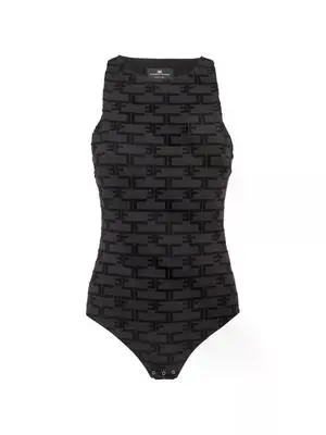 Elisabetta Franchi Black Stretch Knit Flocked Logo Bodysuit