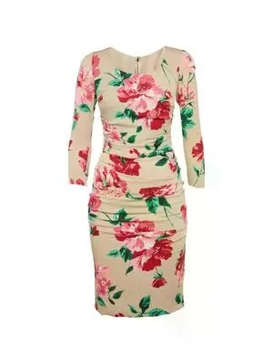 Dolce & Gabbana Beige Floral Print Ruched Midi Dress
