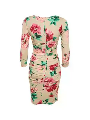 Dolce & Gabbana Beige Floral Print Ruched Midi Dress