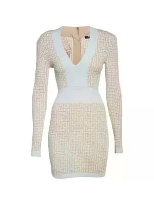Balmain Monogram Jacquard V-neck Dress