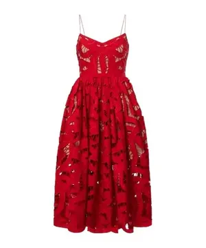 SELF-PORTRAIT Bow Lace Linen And Cotton Midi Dress - Red