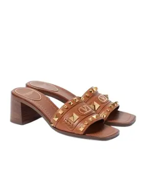 Valentino Garavani Leather Studded Block Heel Single-strap Sandals - Brown
