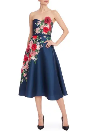 Badgley Mischka Strapless Floral Appliqué Cocktail Dress - Navy