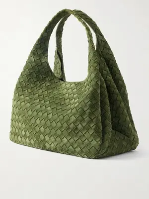 Bottega Veneta Campana Intrecciato Suede Shoulder Bag - Green
