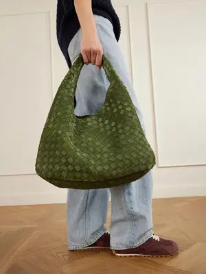 Bottega Veneta Campana Intrecciato Suede Shoulder Bag - Green