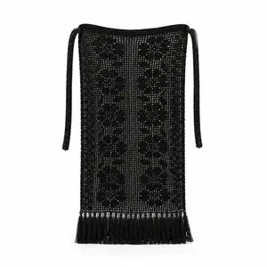IZABELA MANDOIU Hand-crocheted Romanian Traditional Apron With Fringe - Black
