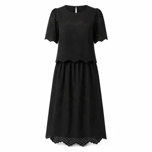 IZABELA MANDOIU Premium Broderie Anglaise Two Piece Skirt Suit Set - Black