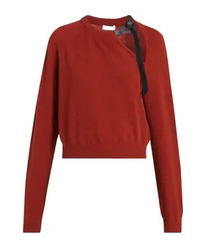 FERRAGAMO Mélange Crewneck Sweater With Cut-out And Leather Tie Detail - Brick Red