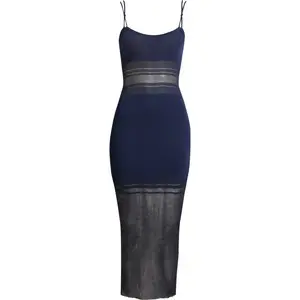 Torn By Ronny Kobo Kimberly Ribbed Knit Square Neck Sheer Panel Midi Sweater Dress