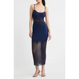 Torn By Ronny Kobo Kimberly Ribbed Knit Square Neck Sheer Panel Midi Sweater Dress