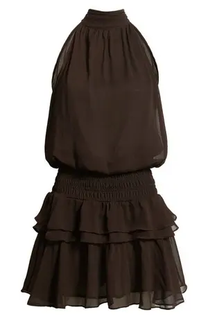Torn By Ronny Kobo Leah Mock Neck Ruffle Dress Cocoa