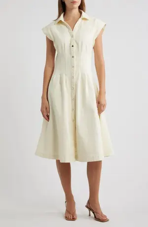 Torn By Ronny Kobo Edie Pleat Waist Denim Shirtdress - Ecru