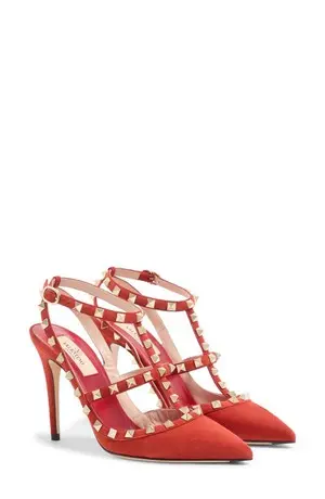 Valentino Garavani Rockstud Pointed Toe Ankle Strap Pump Red
