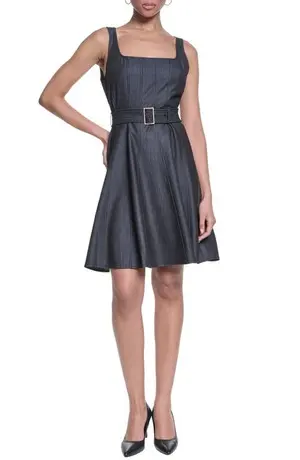 Karl Lagerfeld Paris Belted Denim Fit & Flare Dress - Indigo