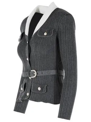 SELF-PORTRAIT Ribbed Cardigan With Belt And Buckle