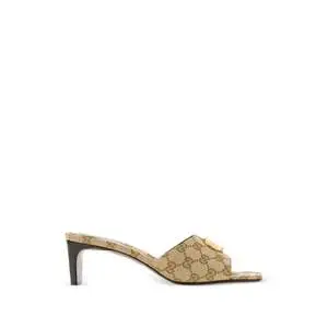 Gucci Beige Gg Supreme Canvas Open Toe Mid Heel Slip-on Sandals