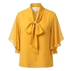 NYNY RYKE Ada, Mustard Bow Tie Silk Blouse, Sophisticated Day-to-evening Top - Yellow