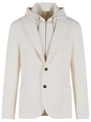Eleventy Wool Hooded Blazer With Drawstring And Zip Closure - Cream