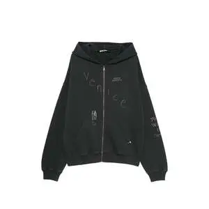 Palm Angels Jersey Zip-up Hoodie With Graphic Print And Swarovski Crystal Embellishment - Black