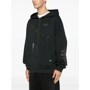 Palm Angels Jersey Zip-up Hoodie With Graphic Print And Swarovski Crystal Embellishment - Black