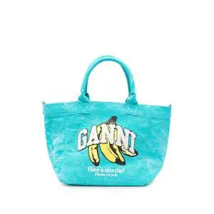 GANNI Logo Print Recycled Cotton Tote Bag - Blue