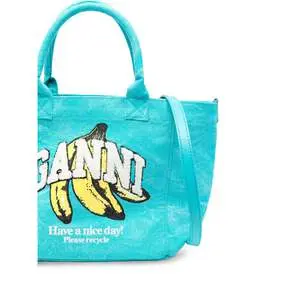 GANNI Logo Print Recycled Cotton Tote Bag - Blue