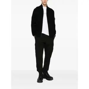 Stone Island Ribbed Knit High Neck Zip-up Sweater - Black