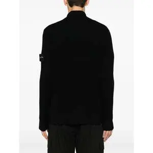 Stone Island Ribbed Knit High Neck Zip-up Sweater - Black