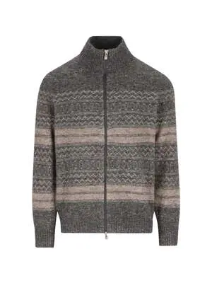 Brunello Cucinelli BRUNELLO CUCINELLI Fair Isle Intarsia Knit High Neck Zip Cardigan Multicolor