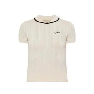 Valentino Garavani Cable-knit Short Sleeve Top With Contrast Trim - Cream