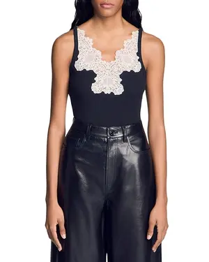 Sandro Sofie Ribbed Lace Tank Top - Black