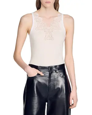 Sandro Sofie Ribbed Lace Tank Top - Ecru