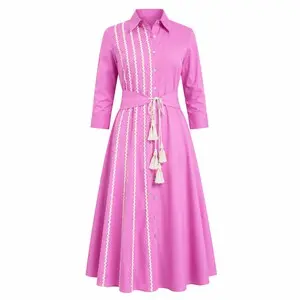 IZABELA MANDOIU Lilac Cotton Shirt Dress With Ric Rac Detailing And Tassel Tie Waist - Pink