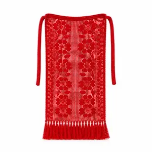 IZABELA MANDOIU Hand-crocheted Romanian Traditional Apron With Fringe - Red