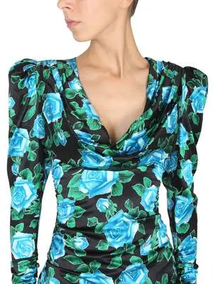 Alessandra Rich Ruched Satin Mini Dress With Draped Neckline - Multicolor