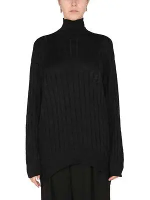 Balenciaga Oversized Ribbed Silk Turtleneck Pullover - Black