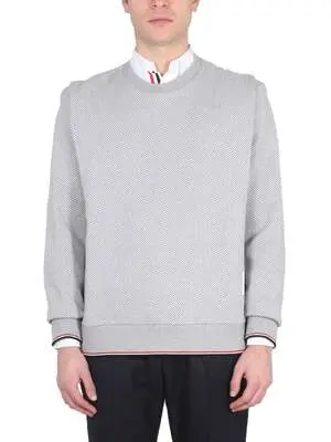 Thom Browne Jersey Crewneck With Herringbone Pattern And Ribbed Hem - Gray