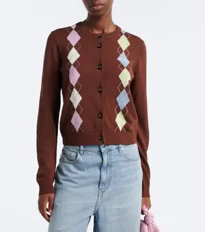 GANNI Argyle Cotton Cardigan - Brown