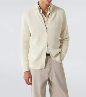 LARDINI Ribbed-knit Wool And Cashmere Zip-up Cardigan