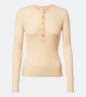 Chloé Ribbed-knit Silk-trimmed Wool Henley Shirt - Orange