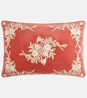 LES-OTTOMANS Embroide Cotton Velvet Cushion - Red