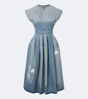 Erdem Floral Appliqué Denim Midi Skirt - Blue