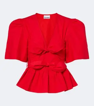 GANNI Bow Detail Cotton Poplin Blouse - Red