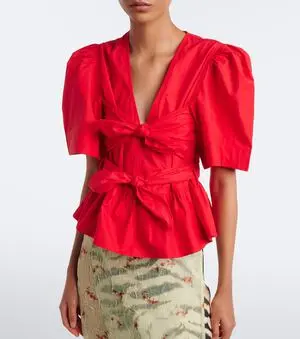 GANNI Bow Detail Cotton Poplin Blouse - Red