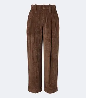 Brunello Cucinelli Pleated Velvet Straight Leg Trousers - Brown