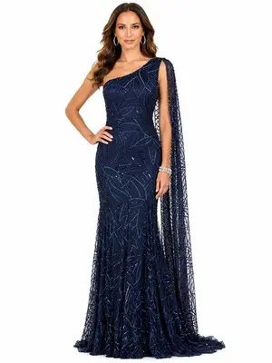LARA NEW YORK Beaded One-shoulder Cape Gown - Navy