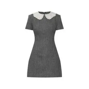SELF-PORTRAIT Grey Herringbone Knit Dress With Lace Collar